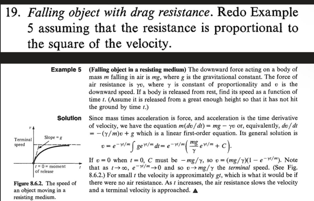 Solved 19. Falling object with drag resistance. Redo Example | Chegg.com