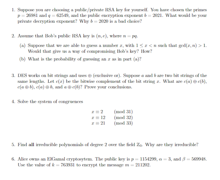 Solved 1. Suppose you are choosing a public/private RSA key | Chegg.com