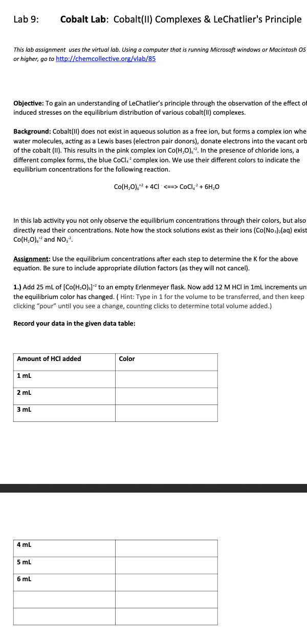 Lab 9: Cobalt Lab: Cobalt(II) Complexes & | Chegg.com