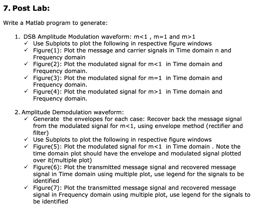 Solved 7. Post Lab: Write a Matlab program to generate: 1. | Chegg.com