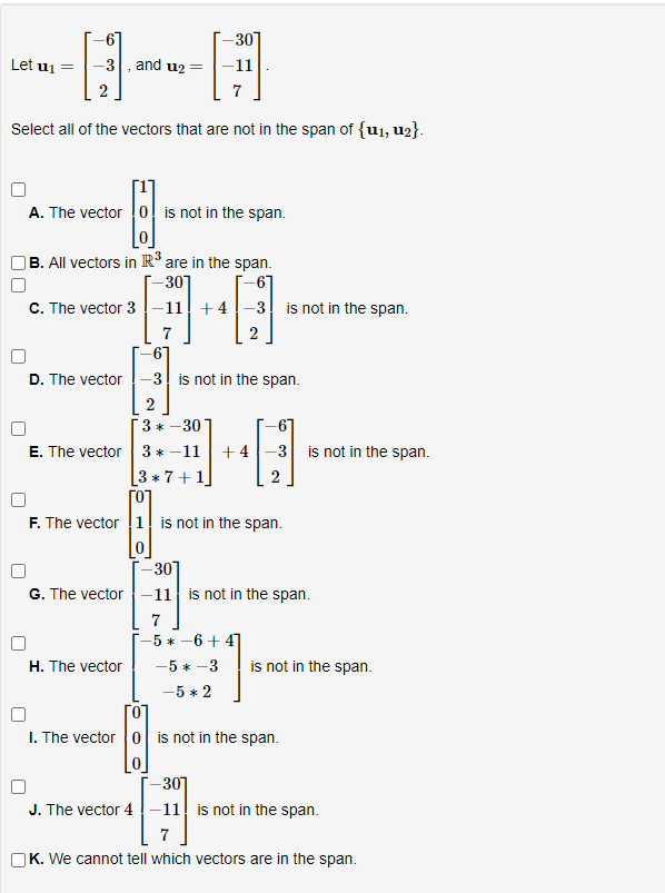 Solved Let u1=⎣⎡−6−32⎦⎤, and u2=⎣⎡−30−117⎦⎤ Select all of | Chegg.com