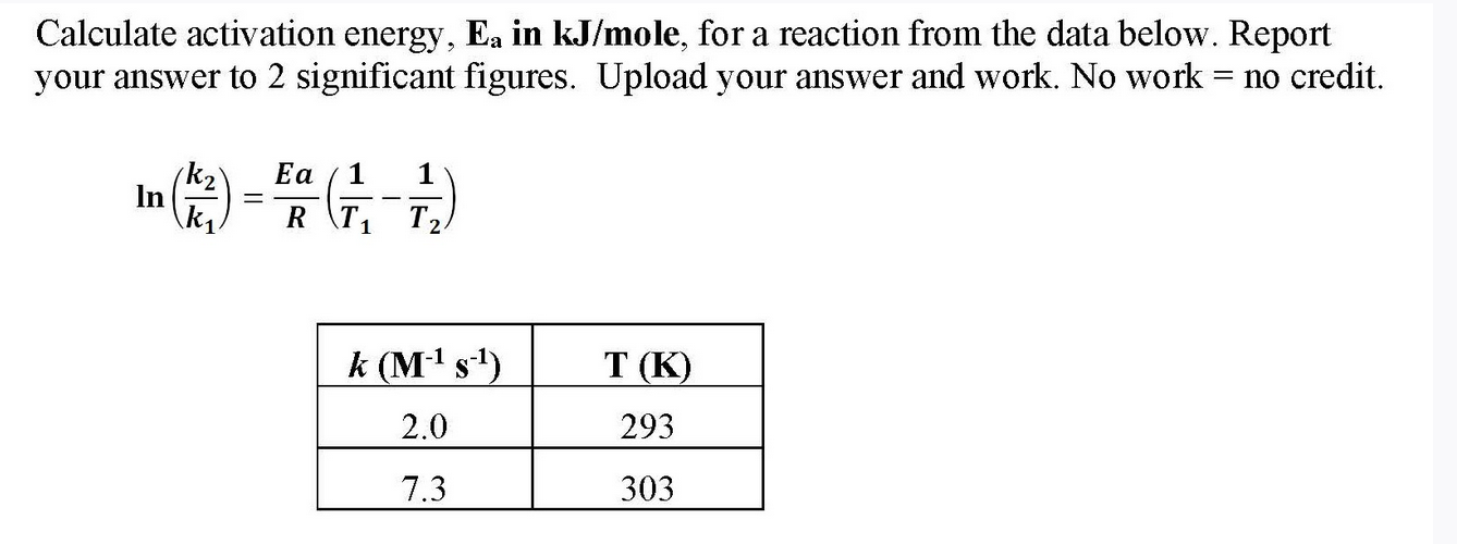 Solved Calculate activation energy, Ea in kJ/mole, for a | Chegg.com