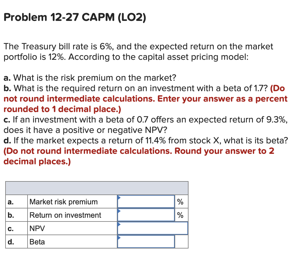 Solved Problem 12-27 CAPM (LO2) The Treasury bill rate is | Chegg.com