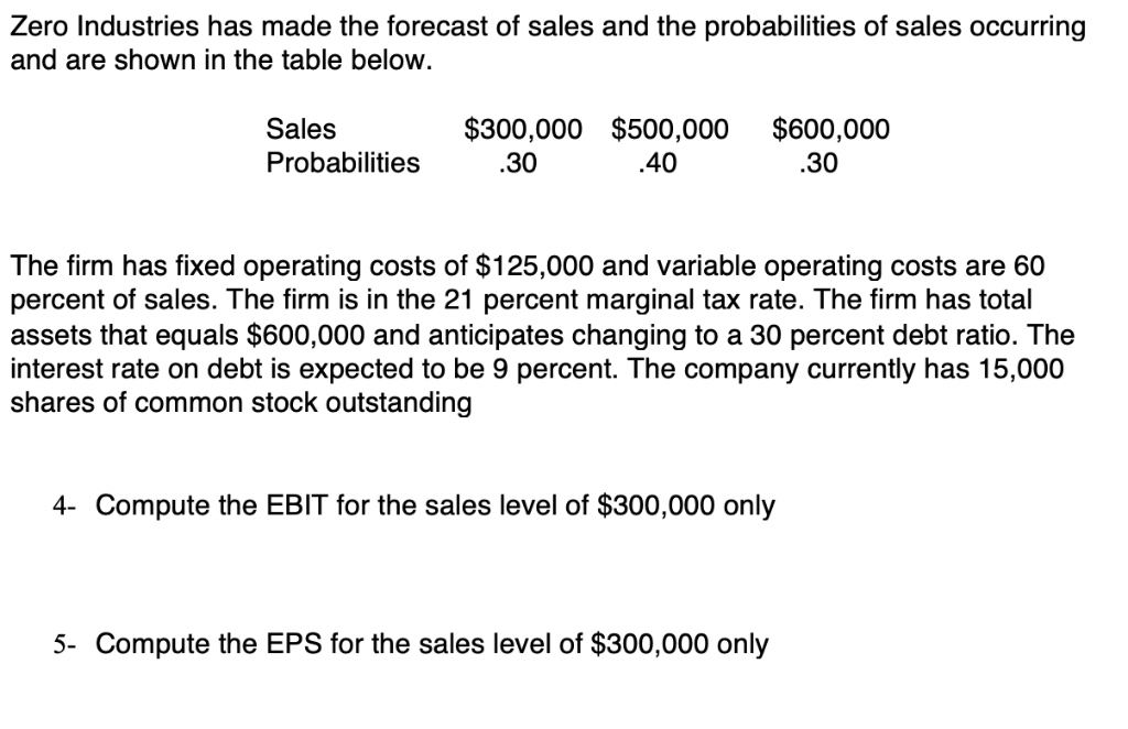 Solved Zero Industries has made the forecast of sales and | Chegg.com