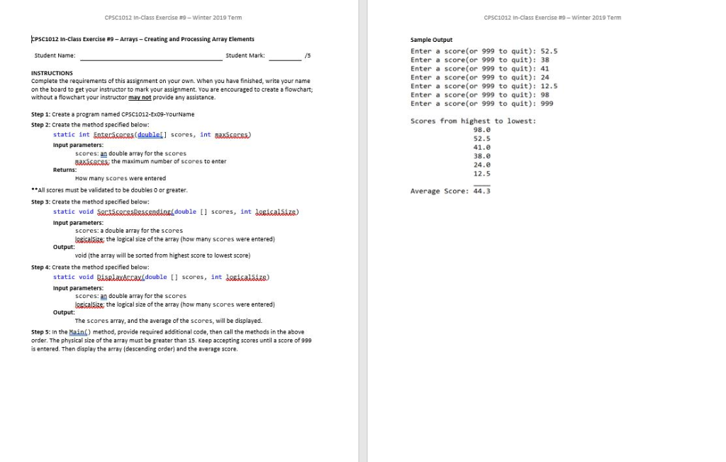 Solved l CPSC 1012 In-Class Exercise #9-Winter 2019 Term | Chegg.com