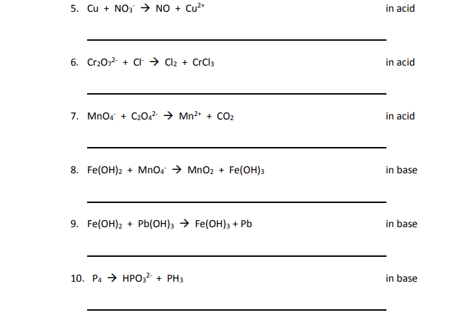 Solved 5. Cu + NO3 → NO + Cu2+ in acid 6. Cr2O72- + Cl + Cl2 | Chegg.com
