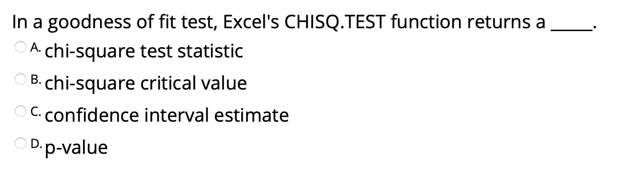 Solved In a goodness of fit test, Excel's CHISQ.TEST | Chegg.com