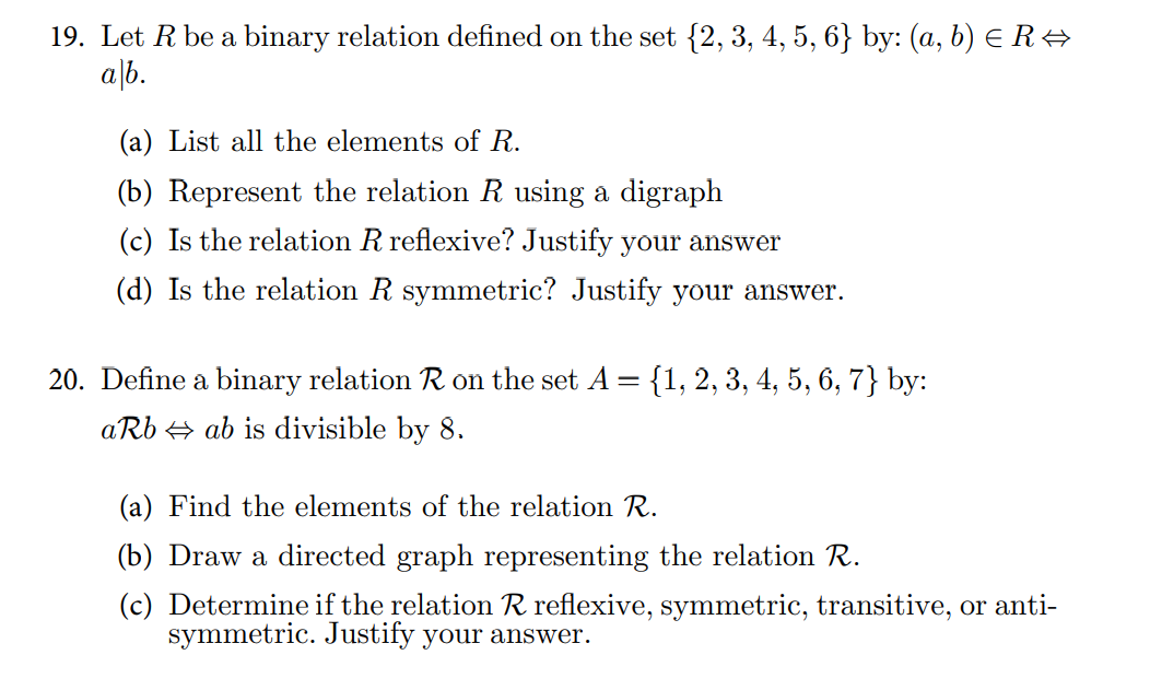 Solved 19. Let R be a binary relation defined on the set | Chegg.com