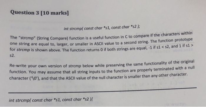 Solved Question 3 10 Marks Int Strcmp Const Char S1