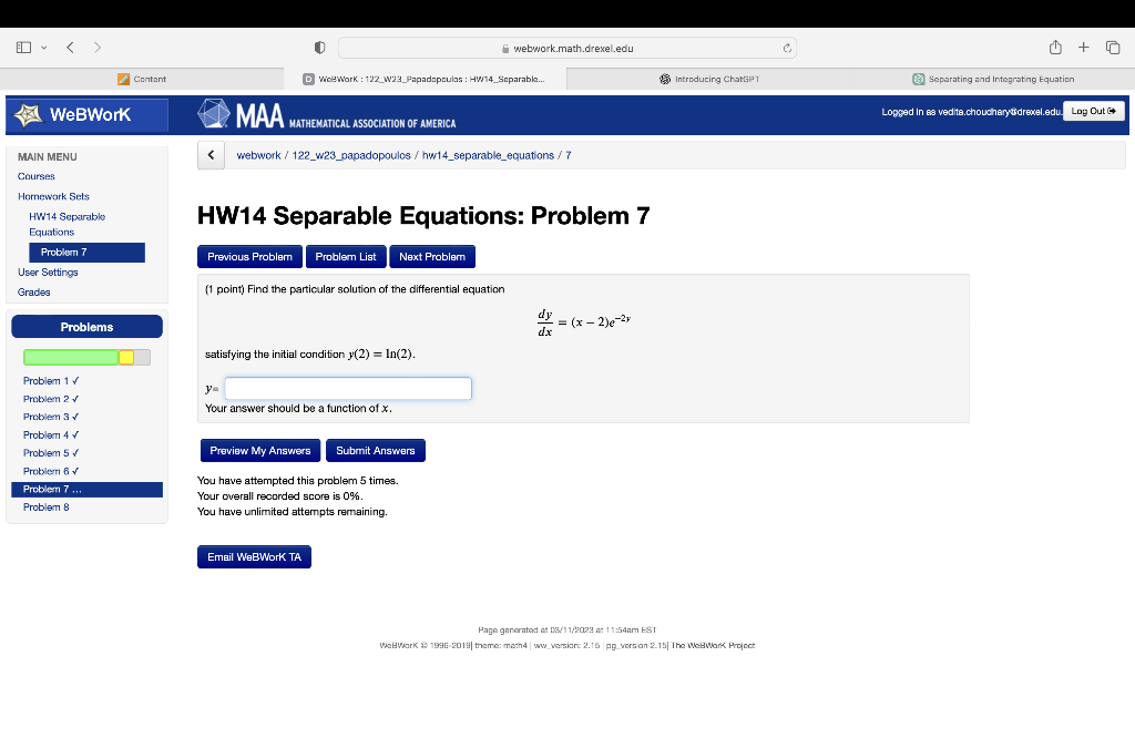Solved Hw14 Separable Equations Problem 7 1 Point Find