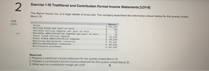 Solved 2 Exercise 1-15 Traditional and Contribution Format | Chegg.com
