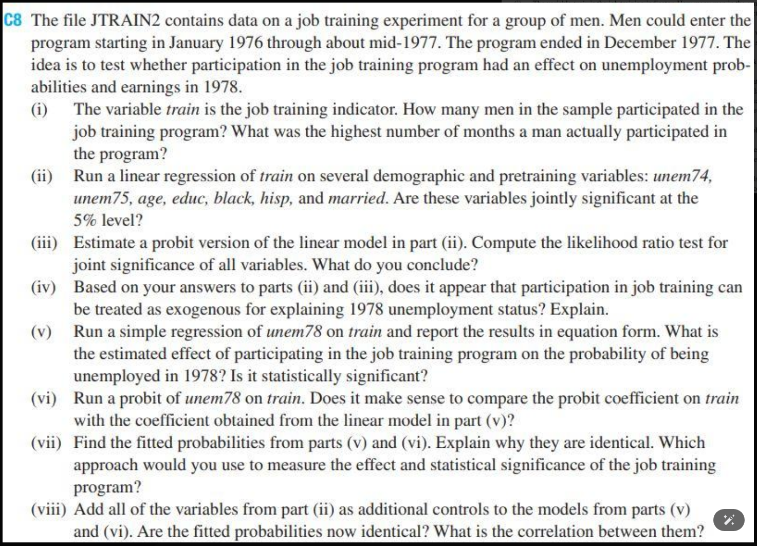 C8 ﻿The file JTRAIN2 ﻿contains data on a job training | Chegg.com