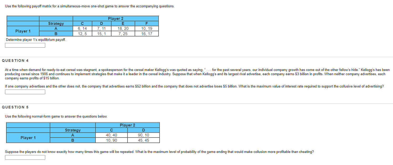 Solved Use the following payoff matrix for a | Chegg.com