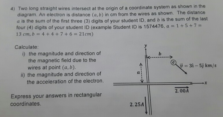 Solved 4) Two long straight wires intersect at the origin of | Chegg.com