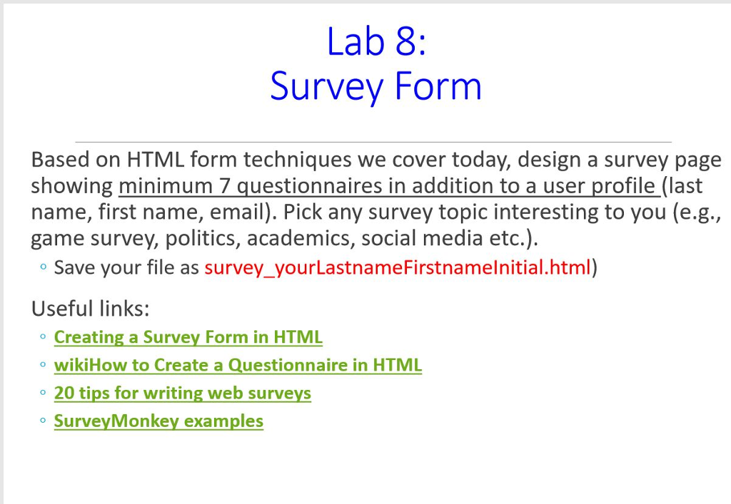 Lab 8 Survey Form Based On HTML Form Techniques We Chegg