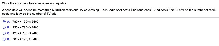 Solved Write the constraint below as a linear inequality. A | Chegg.com