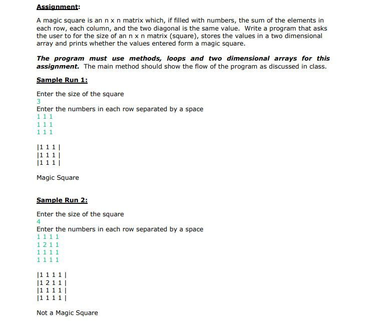 Solved A magic square is an n x n matrix which, if filled | Chegg.com
