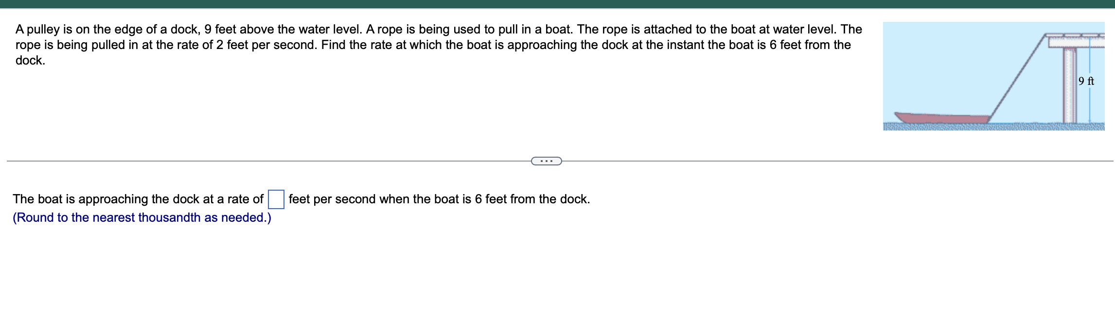 Solved A pulley is on the edge of a dock, 9 feet above the | Chegg.com
