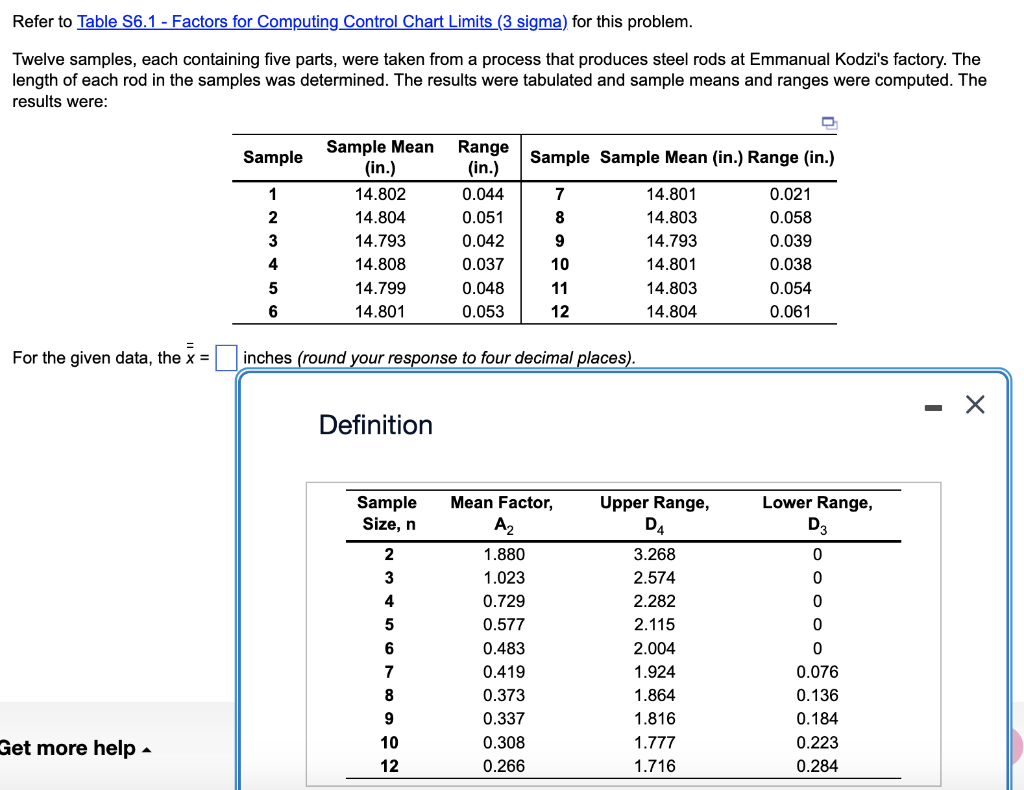 Solved Refer to Table S6.1 - Factors for Computing Control | Chegg.com