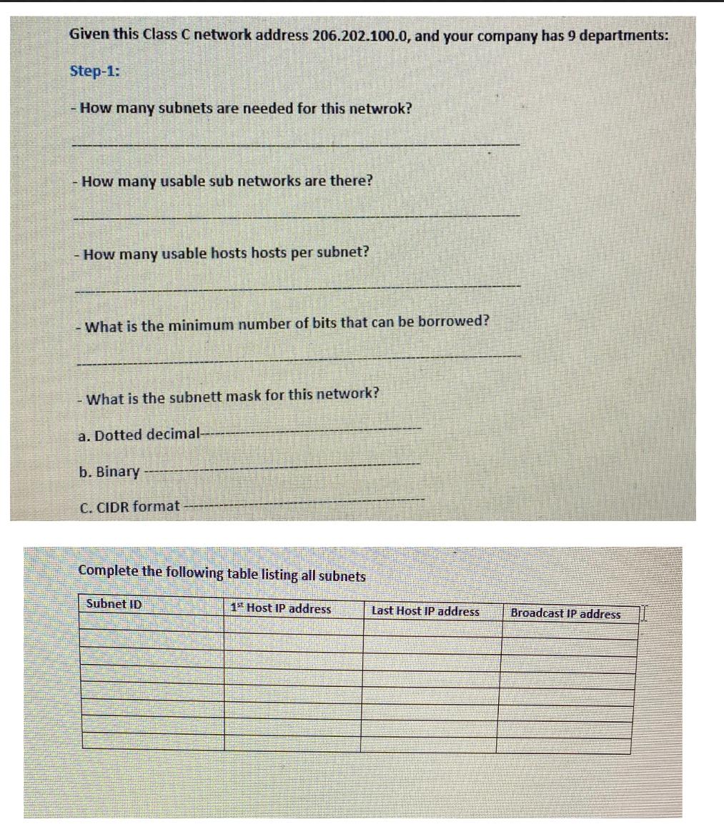 Solved Given this class C network adress 206.202.100.0, and | Chegg.com