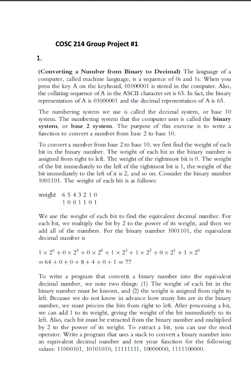 Solved COSC 214 Group Project #1 1. (Converting a Number | Chegg.com