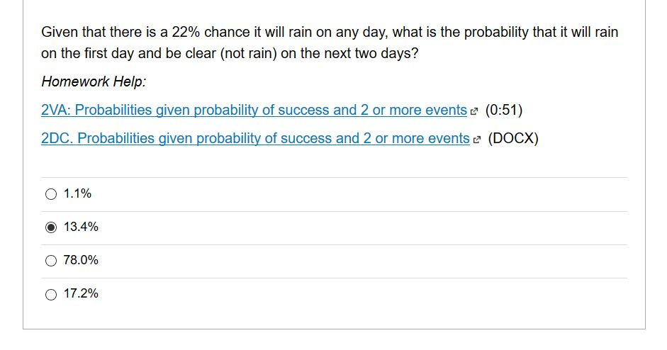 Solved Given that there is a 22% chance it will rain on any | Chegg.com