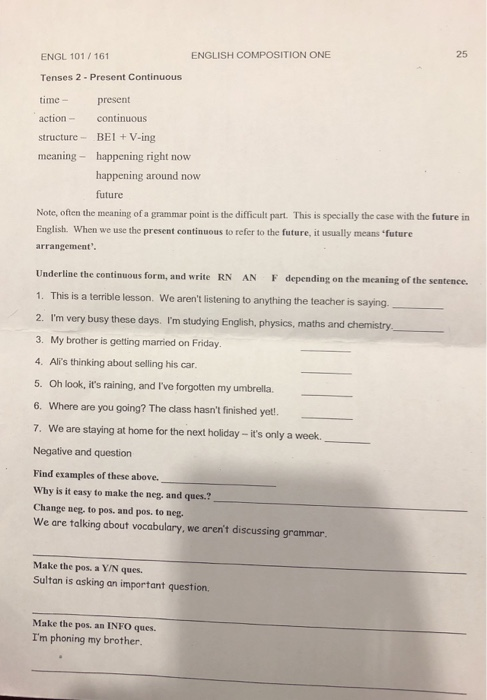 25 ENGLISH COMPOSITION ONE ENGL 101/161 Tenses 2 | Chegg.com