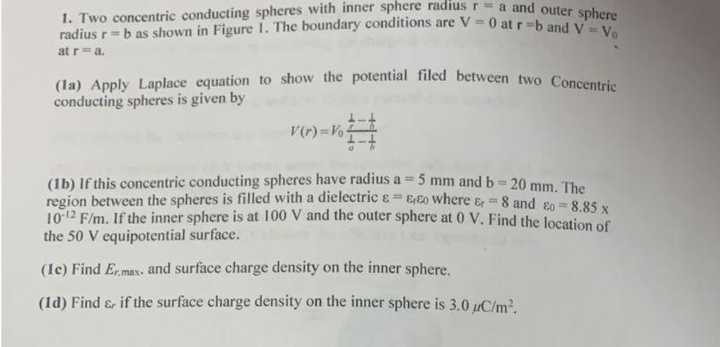 Solved 1. Two concentric conducting spheres with inner | Chegg.com