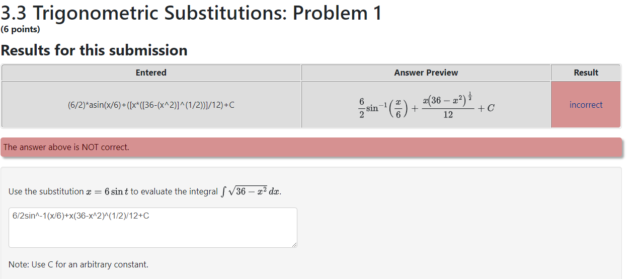 Solved 3.3 Trigonometric Substitutions: Problem 1 (6 points) | Chegg.com