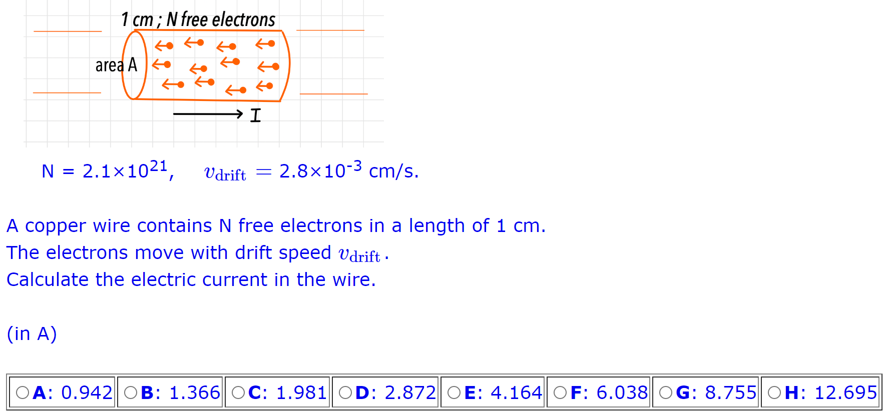 Solved tN=2.1×1021,vdrift =2.8×10-3cms.A copper wire | Chegg.com