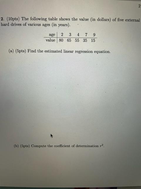 Solved 2. (10pts) The following table shows the value (in | Chegg.com