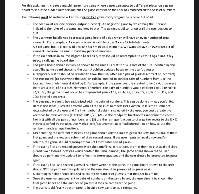 Matlab Matching/Memory Game Code? Unsure of how to go | Chegg.com