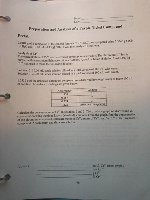 Solved Name Date reparation and Analysis of a Purple Nickel | Chegg.com