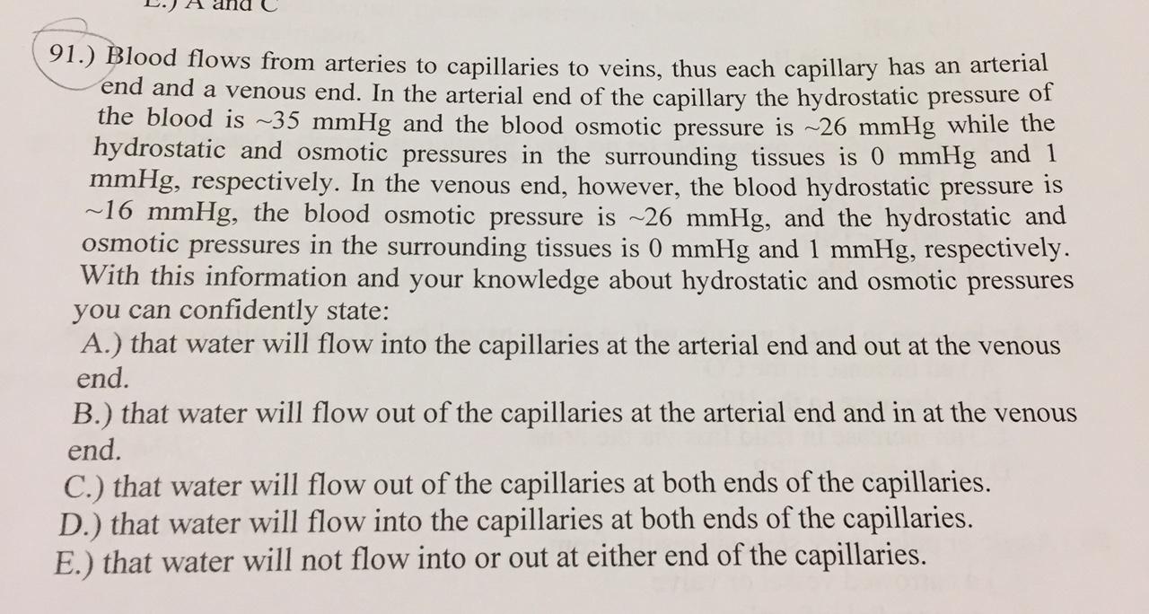 Solved 91.) Blood flows from arteries to capillaries to | Chegg.com