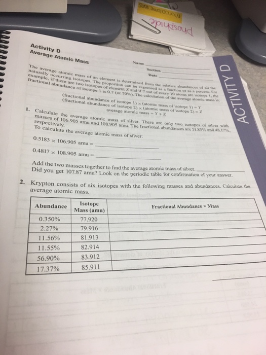 Solved Activity D Average Atomic Mass The average atomic | Chegg.com