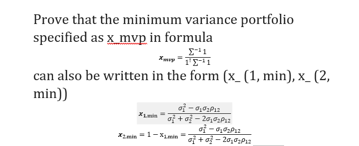 Solved Prove that the minimum variance portfolio specified | Chegg.com