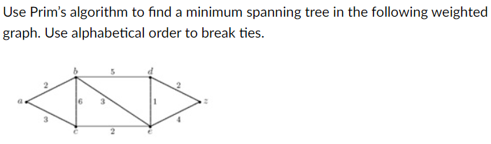Solved Use Prim's algorithm to find a minimum spanning tree | Chegg.com