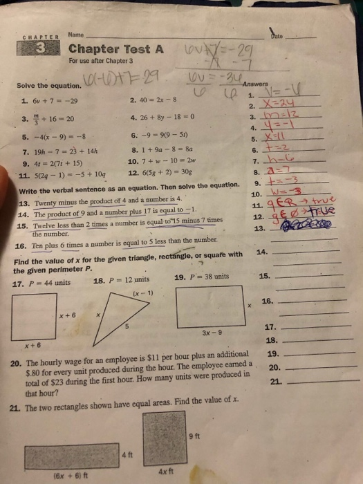 Solved CHAPTER Name Chapter Test A For use after Chapter 3 V | Chegg.com