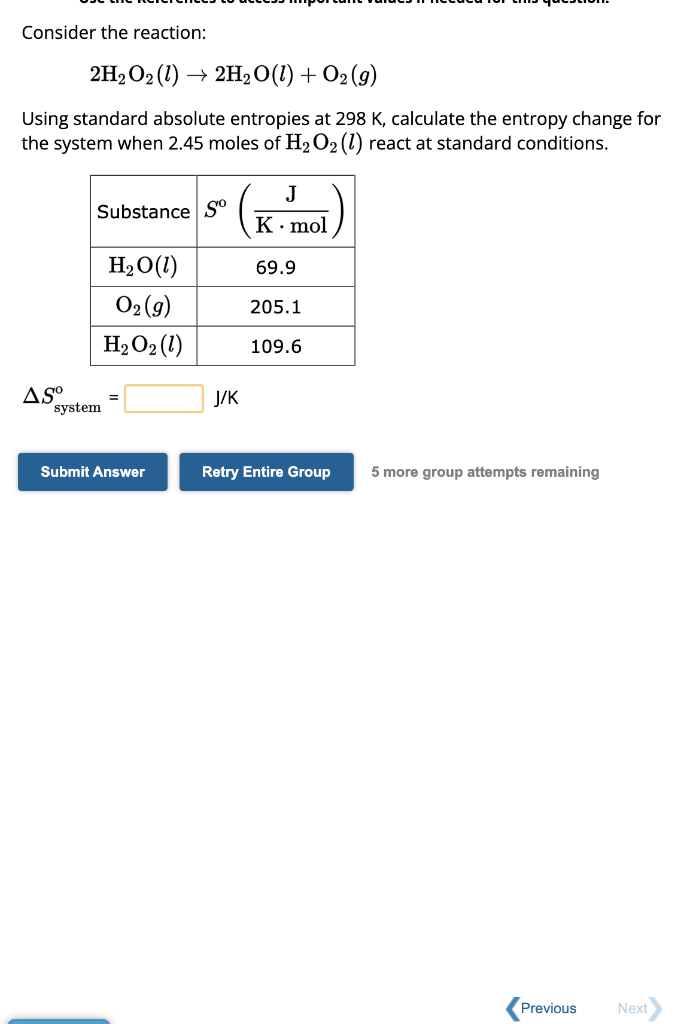 Consider the reaction: 2H2O2(l)→2H2O(l)+O2(g) Using | Chegg.com