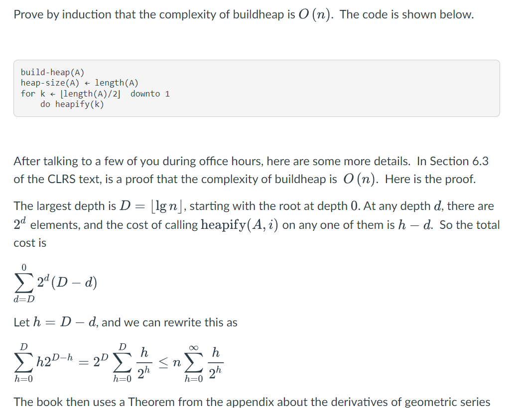 Solved Prove by induction that the complexity of buildheap | Chegg.com