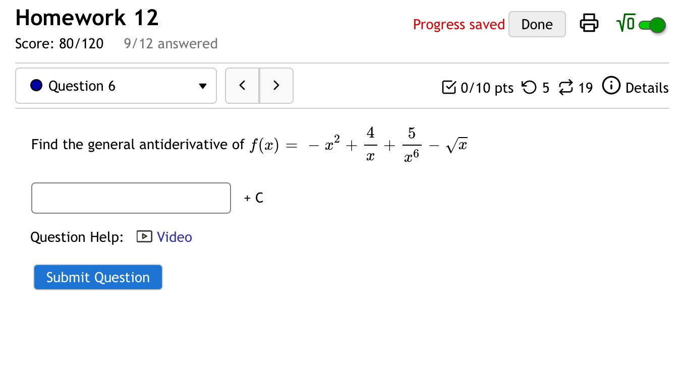 Solved Homework 12 Progress saved Score: 80/120 9/12 | Chegg.com