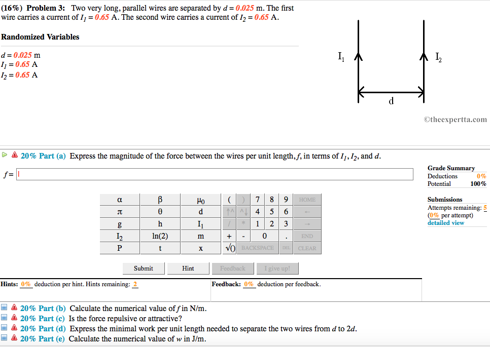 Solved (16%) Problem 3: Two very long, parallel wires are | Chegg.com