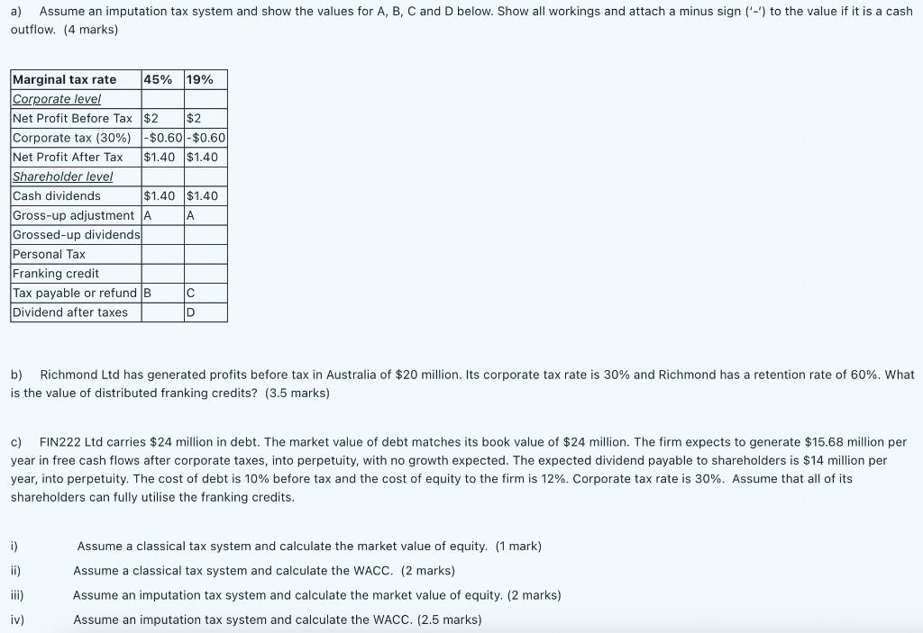 a) Assume an imputation tax system and show the | Chegg.com