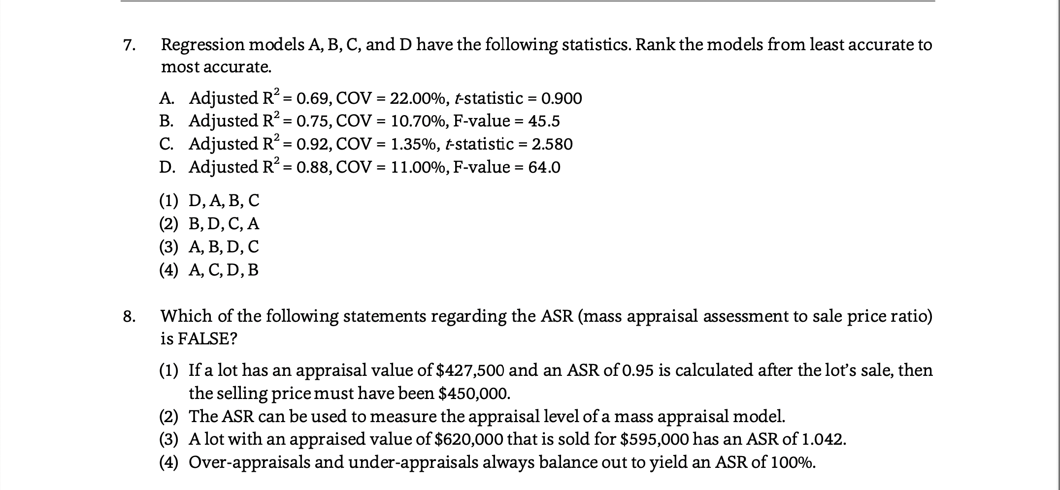 Solved 7. 2 = = Regression models A, B, C, and D have the | Chegg.com