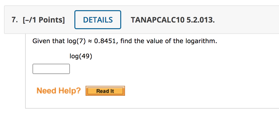 Solved Given that log(7)≈0.8451, find the value of the | Chegg.com