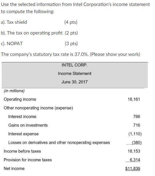 Use the selected information from Intel Corporation's | Chegg.com