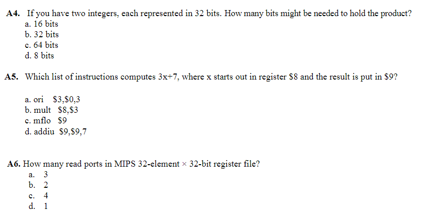 Solved A4. If you have two integers, each represented in 32 | Chegg.com