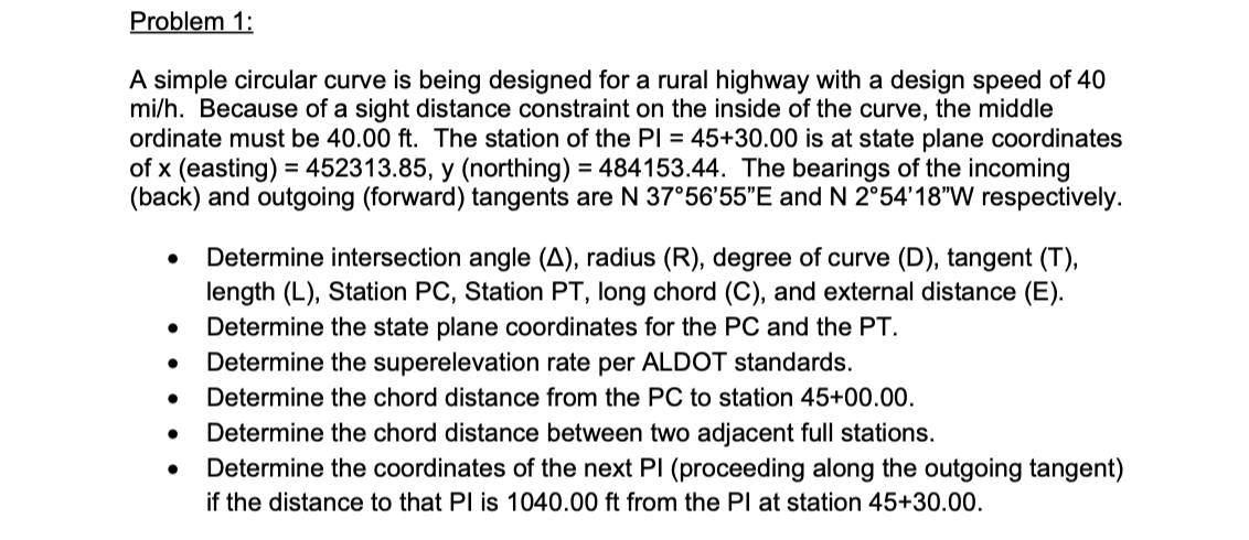 Solved Problem 1: A simple circular curve is being designed | Chegg.com