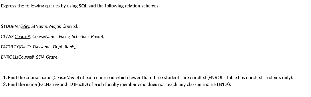 Solved Express the following queries by using SQL and the | Chegg.com