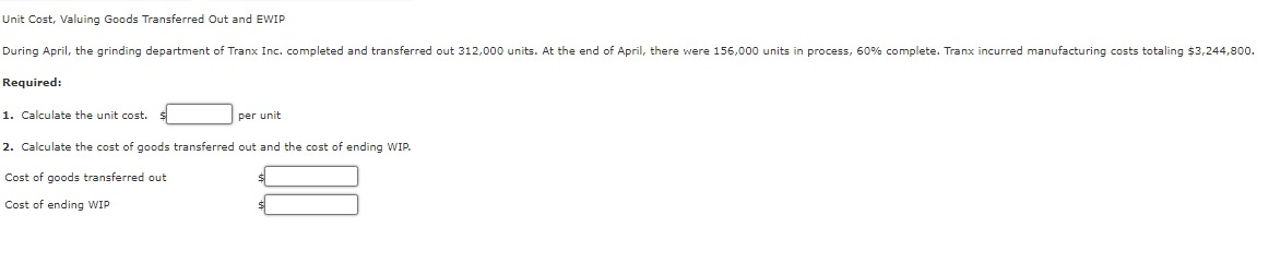 Solved Unit Cost, Valuing Goods Transferred Out and EWIP | Chegg.com